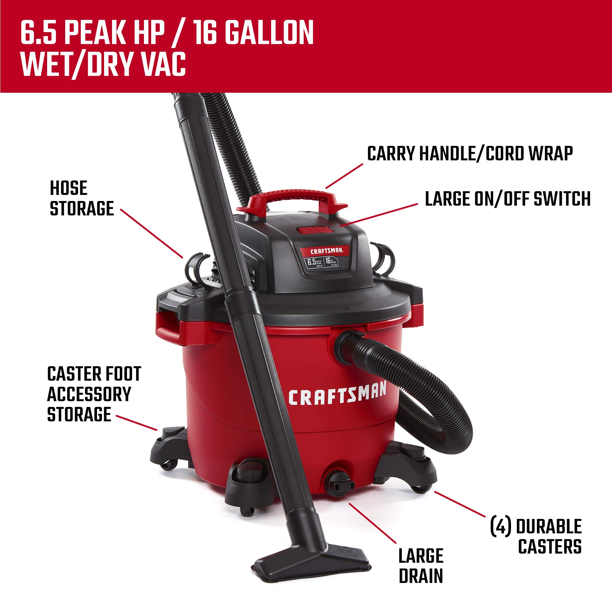 Craftsman CMXEVBE17595 16 Gallon 6.5 Peak HP Wet/Dry Vac, Heavy-Duty Shop Vacuum with Attachments and Additional General Purpose Filter