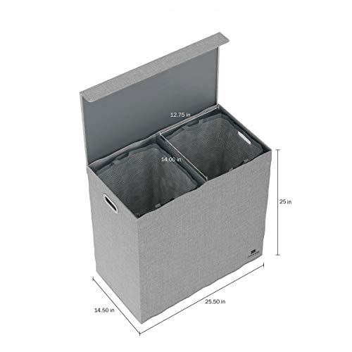 Double Laundry Basket with Lid – Two-Sided Clothes Hamper with Removable Mesh Liner Bags – Collapsible Clothing Organizer by Lavish Home (Gray)