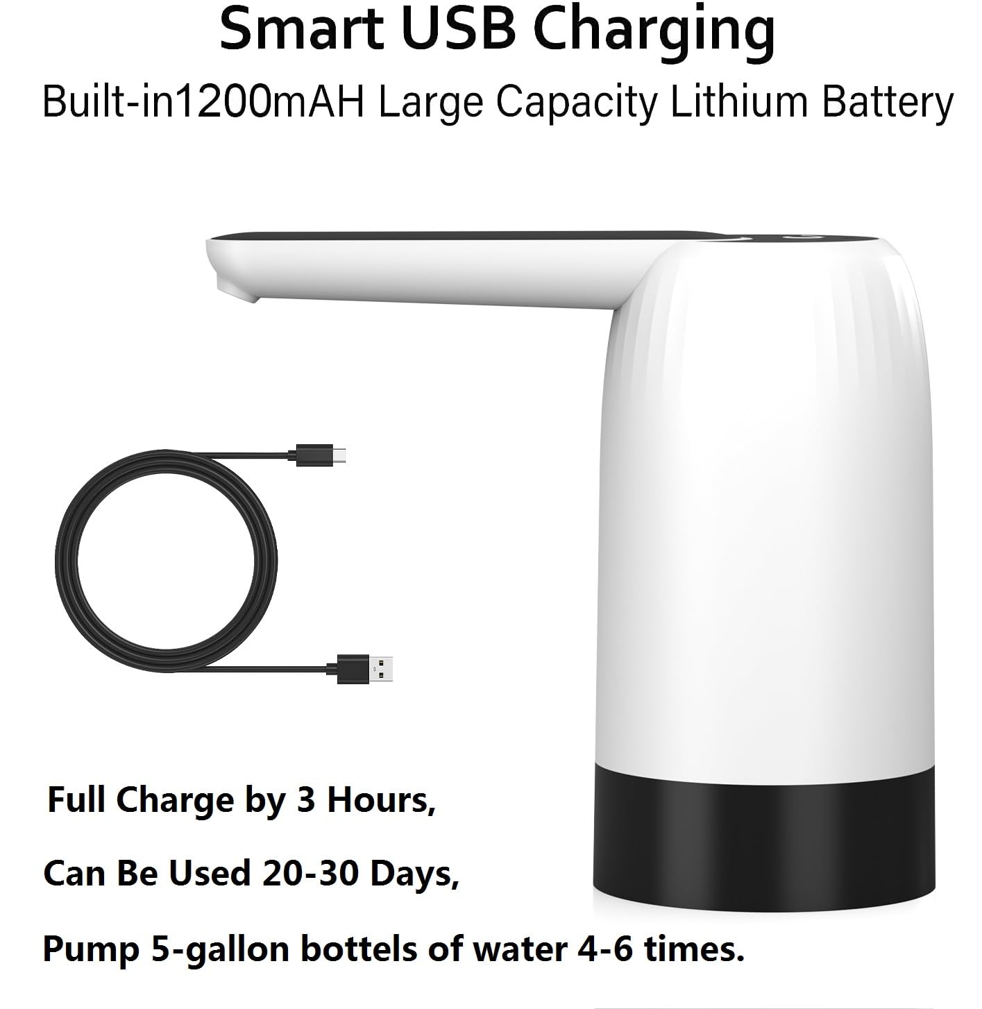 Myvision 5 Gallon Jug Portable Water Dispenser, Water Bottle Pump 5 Gallon Water Dispenser, USB Charging Electric Drinking Portable Water Dispenser, 2-5 Gallon Water Bottle Switch-White
