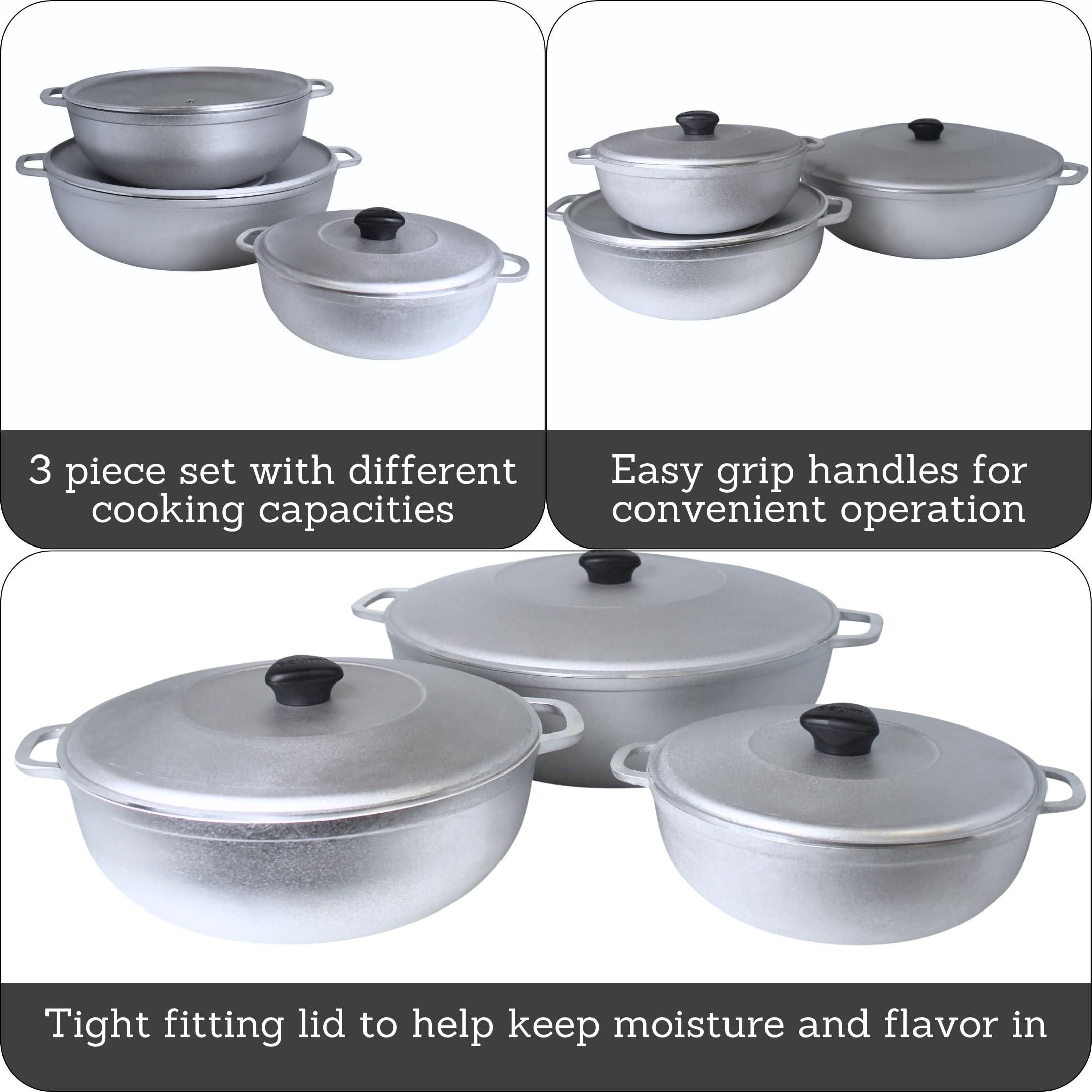 IMUSA USA Traditional Colombian Natural Caldero Matching Aluminum Lid 3-Piece (3.5/7.0/11.0 Quart) Dutch Oven Set, Silver (GAU-89224DS), Large