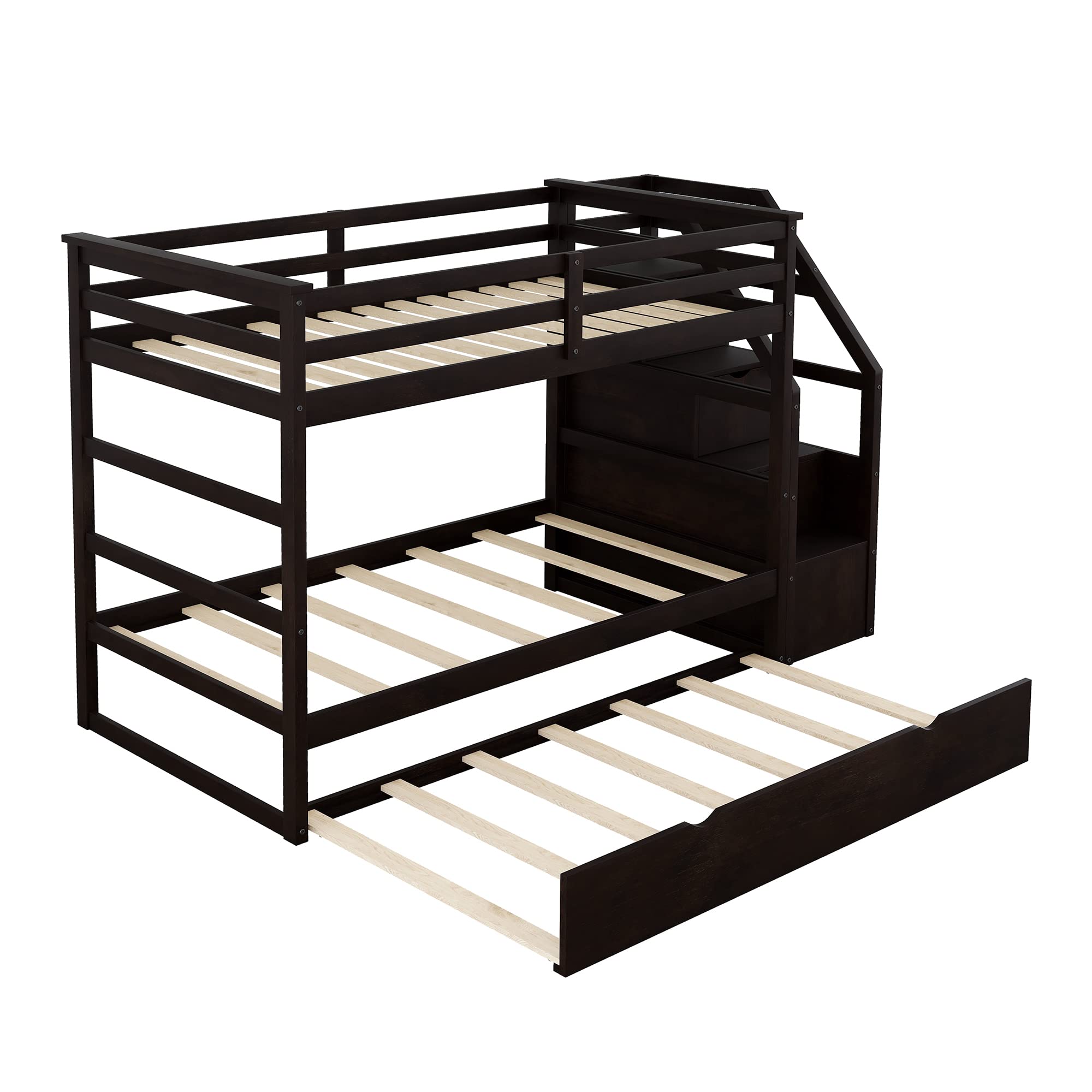BIADNBZ Stairway Twin Over Twin Bunk Bed with Trundle and Storage Stairs, Solid Wood Bunkbed Frame for Kids Teens Adults Bedroom Dorm, Espresso