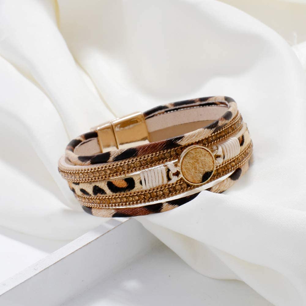 ARVATO Leather Wrap Bracelet for Women Trendy (7.68β) Multi Layerd Boho Western Animal Print Cheetah Leopard Bracelet Stackable Cuff Jewelry Mother's Day Christmas Gift
