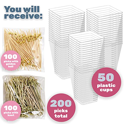 CUSINIUM [50 Cups + 200 Picks 5oz Plastic Charcuterie Cups with Cocktail Picks (2 Types) - Disposable Clear Appetizer Cups