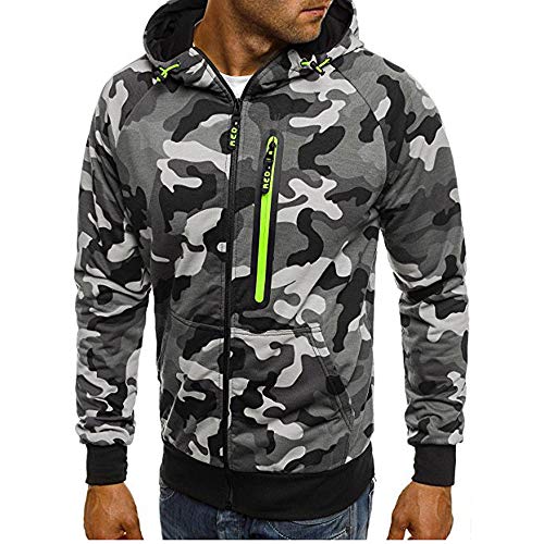 Mens Zipper Hooded Sweatshirts, Thenlian Mens Camouflage Zipper Pullover Long Sleeve Hooded Sweatshirt Tops Blouse(Gray, XL)
