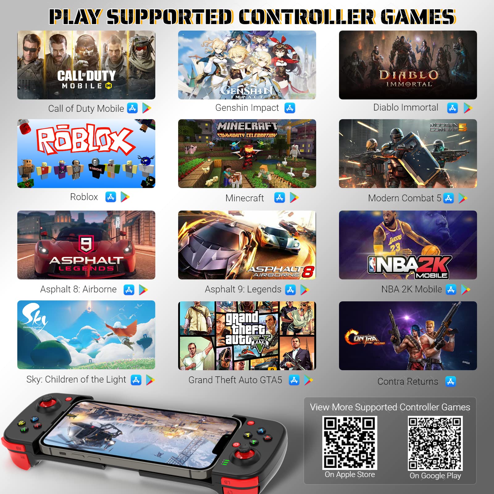arVin Wireless Gaming Controller for iPhone/iPad/iOS/Android/Samsung/PC Gamepad Joystick with Back Button, Analog Triggers, Stretchable, Bluetooth 5.0 Low Latency, Direct Play for CODM,Diablo Immortal