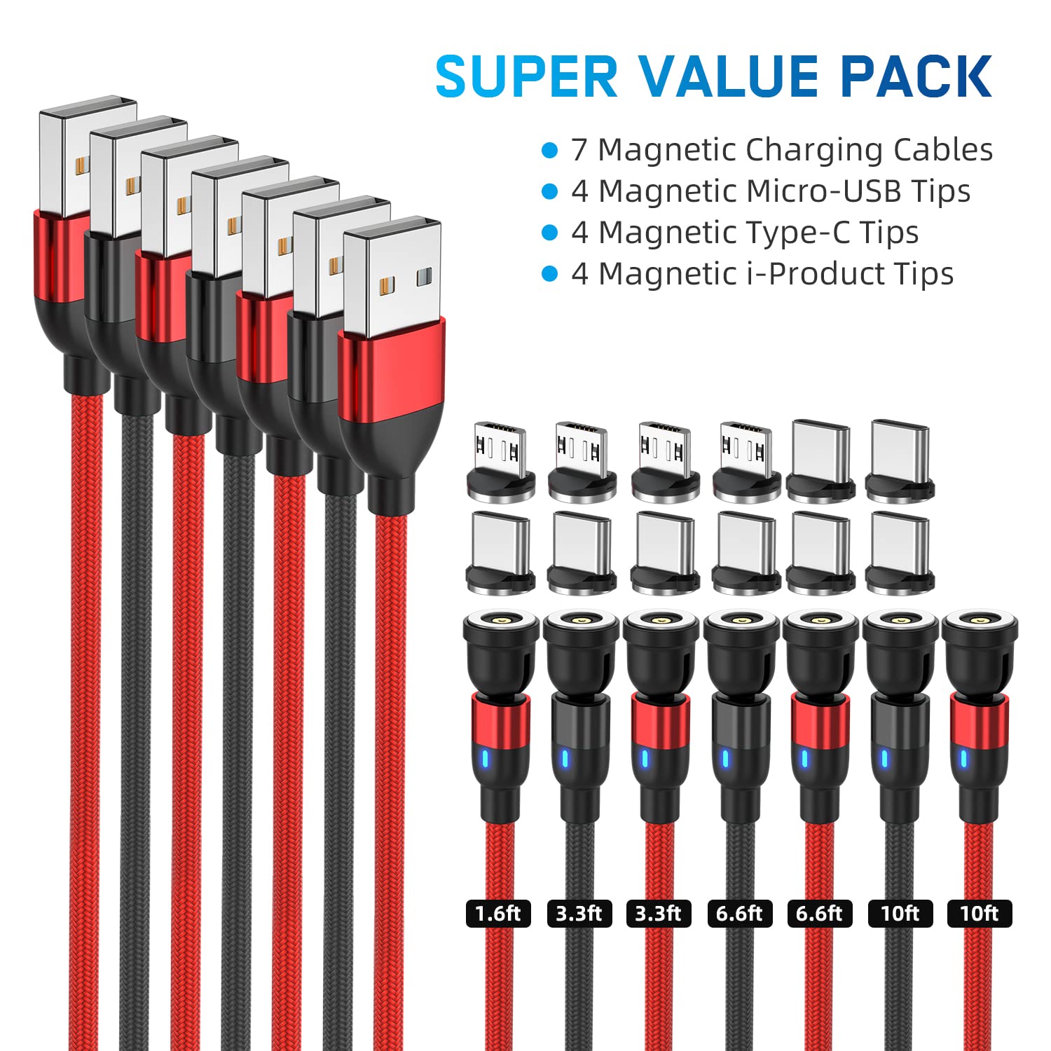 Bojianxin Magnetic Charging Cable(7-Pack, 1.6ft/3.3ft/3.3ft/6.6ft/6.6ft/10ft/10ft) 540° Rotation Magnetic USB Cable, 3 in 1 Magnetic Phone Charger with LED Light Compatible with Micro USB, Type C