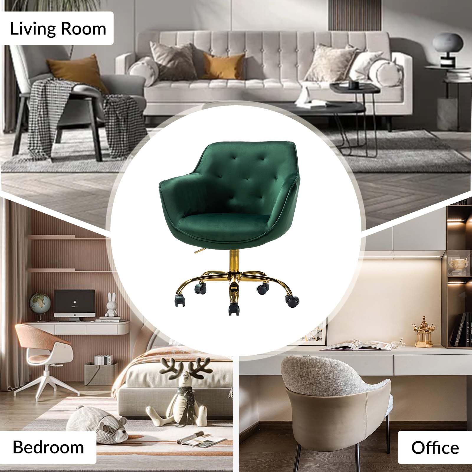 HULALA HOME Velvet Office Chair with Gold Base, Modern Cute Mid-Back Desk Chair, Adjustable Swivel Computer Task Chair for Living Room, Bedroom, Study, Vanity, Green
