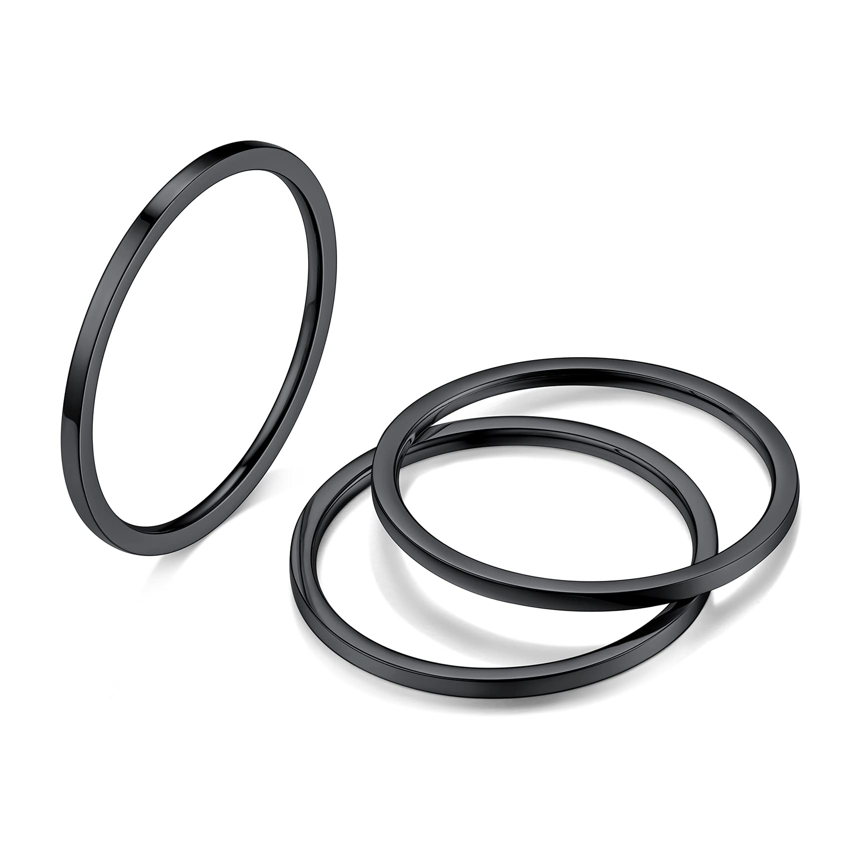 Bestyle Stackable Black Rings Set for Women, Polisded Black Gun Plated Size 6 Band Layered Rings Comfort Fit Finger Rings