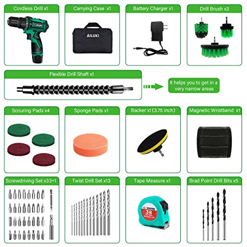 Cordless Drill Driver Kit,67Pcs 12V Drill Set Lithium-Ion Battery,Magnetic Wristband Brushes Tape Measure,Max Drill 280 In-lb Torque,3/8'' Keyless Chuck,25+1 Metal Clutch and Built-in LED