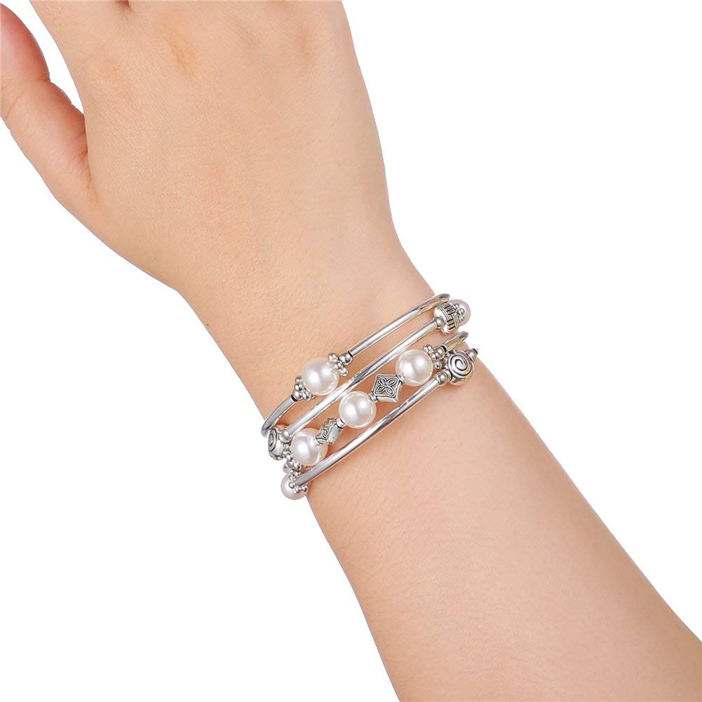 Beaded Pearl Bangle Wrap Bracelet - Fashion Bohemian Jewelry Multilayer Charm Bracelet with Thick Silver Metal Beads, Gift For Women (White)