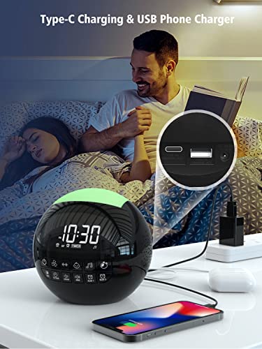 White Noise Machine with 42 Non Looping Natural Sleeping Sounds for Baby Adults,Dual Alarm Clock for Bedrooms with 2 Charger Ports,7 NightLights,6 Timers,9 Alarms,Adjustable Brightness,Memory Function
