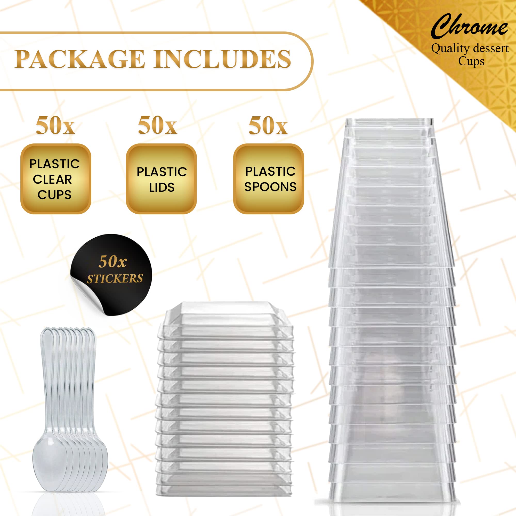 Chrome 50Pack 5oz Plastic Dessert Cups with Lids & Spoons - Ice cream Cups with Stickers, Serving Fruit Trifle Mousse Pudding and More (5oz/ 150ml)