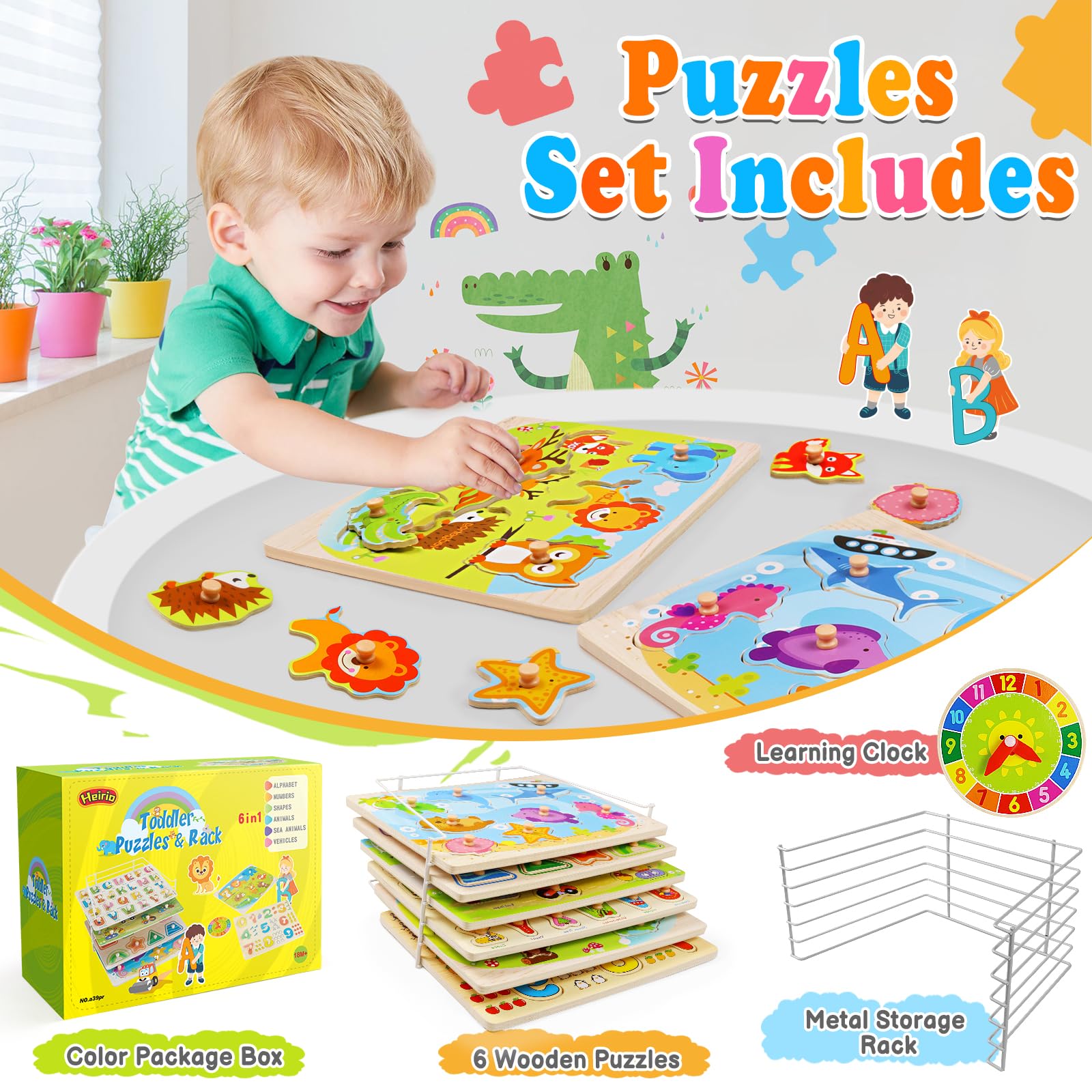Puzzles for Kids Age 2-4 with Rack and Wooden Clock, 6 Pack Wooden Peg Puzzles for Toddlers with Storage Holder Rack, Educational Toys - Alphabet Number Animal Vehicle Shape