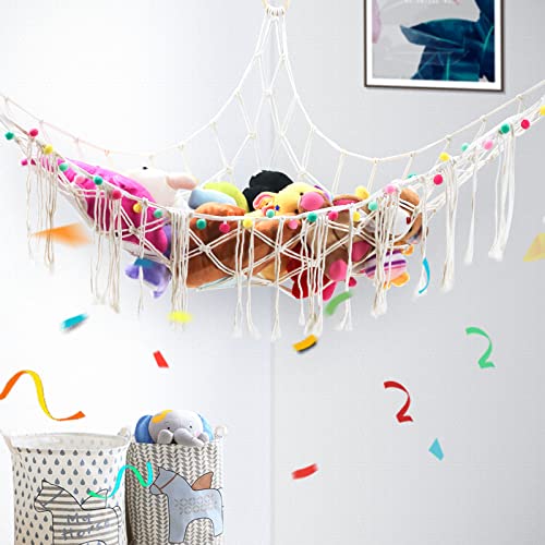 Stuffed Animal Nets, 59 Inches Hanging Stuffed Animal Netting Storage Large Wall Corner Stuffed Animal Hammock Organizer Ceiling Net DIY Beads for Kids Toy Display Bedroom Nursery (59 Inches, White)