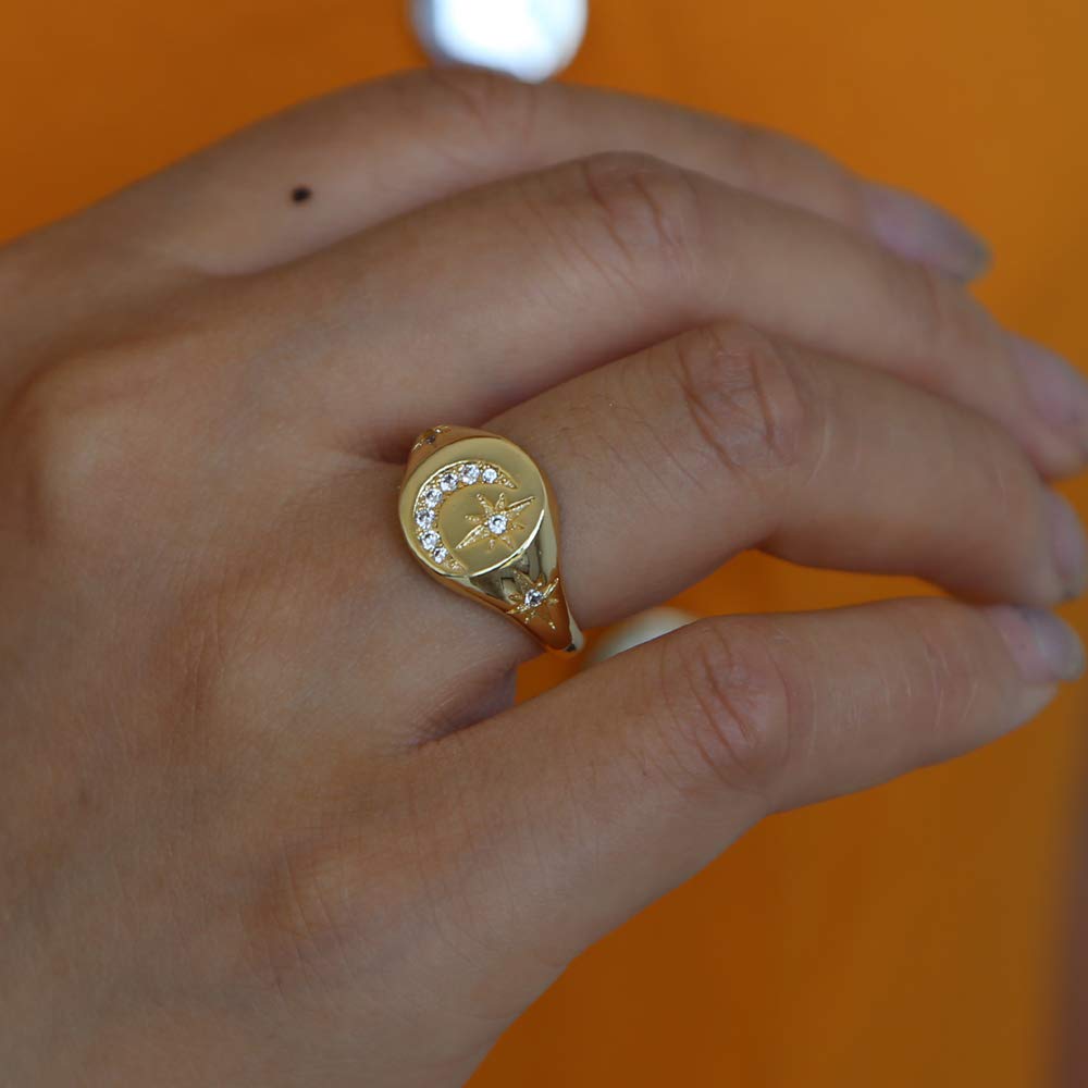 ATJMLADYJEWELRY Classic women finger jewelry Gold plated moon star engraved star signet ring 6 7 8 (8)