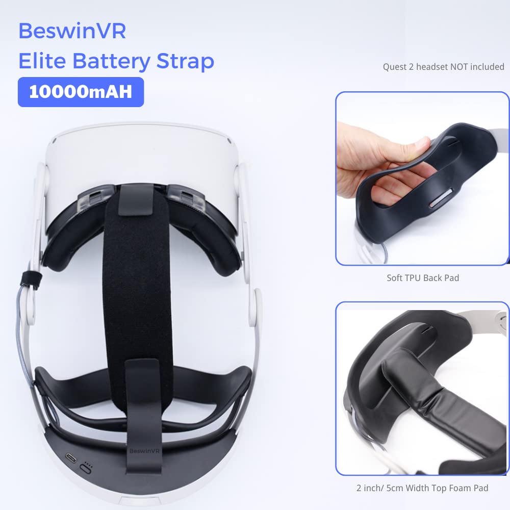 BeswinVR Battery Head Strap 10000mAH for Meta Quest 2 Accessories Extend 6-8hrs Playtime, Replacement for Elite Strap- 10000mAH Strap