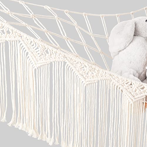 Mkono Macrame Stuffed Animal Hammock Boho Toy Storage Organizer with Lights Tassels and Stuffed Animal Toy Hammock Organizer with Colorful Tassels
