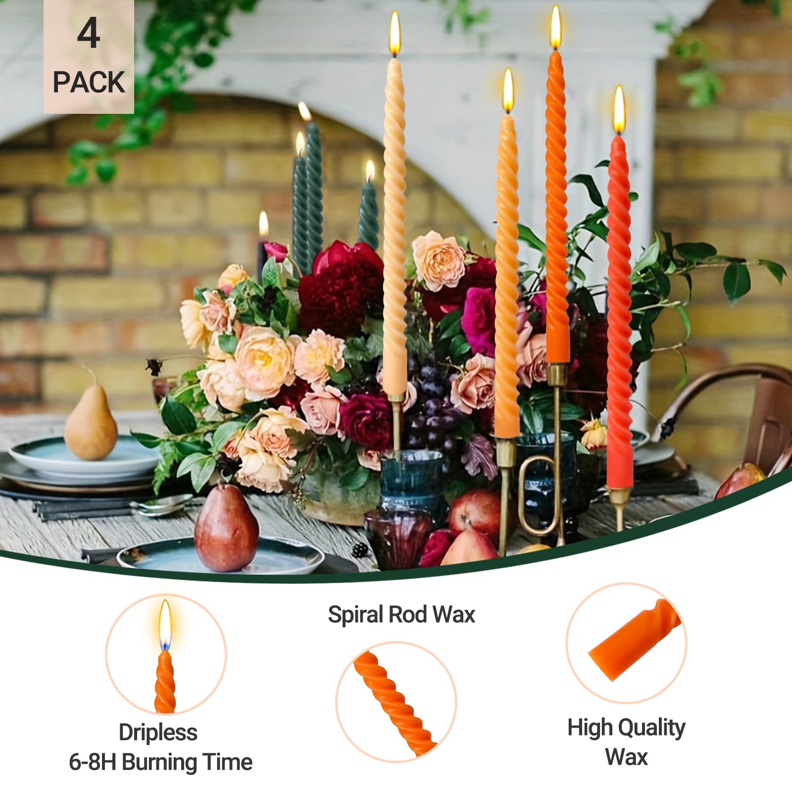 Orange-Gradient Spiral Taper Candles for Home Decoration, 4 Pack 10 Inch Candlesticks for Dinner Party Holiday Fall Halloween and Harvest