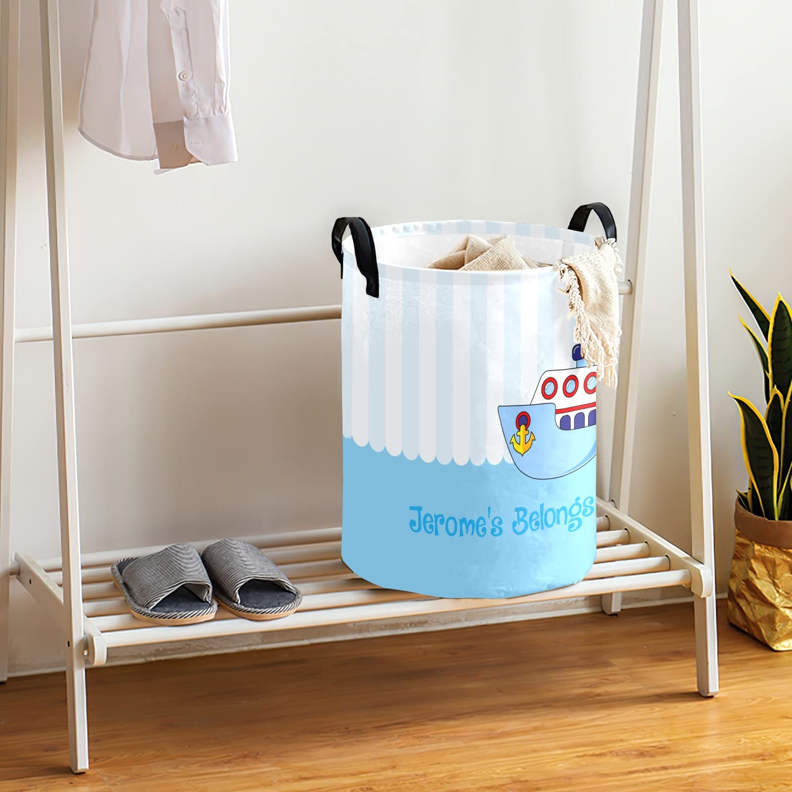 Custom Laundry Hamper, Cartoon Striped Blue Ship Boat Laundry Basket Round Clothes Storage Basket for Bedroom, 14.17x19.68 in
