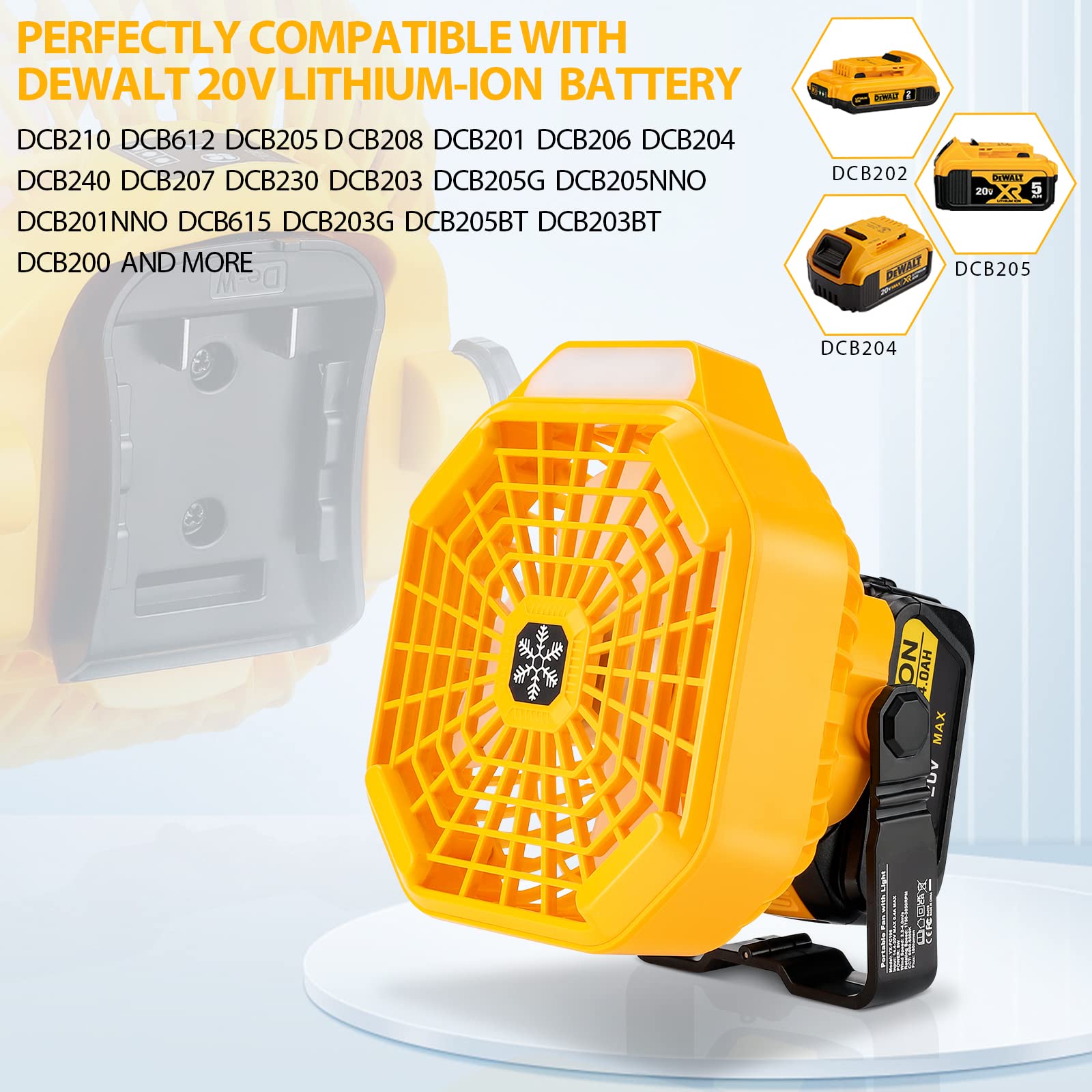 Cordless Fan for Dewalt 20v Max Battery,Portable Jobsite Fan with 3 Energy Efficient Speed Settings and 300LM Led Work Light,Battery Operated Fan for Bedroom Home Camping Tent Office (Tool Only)