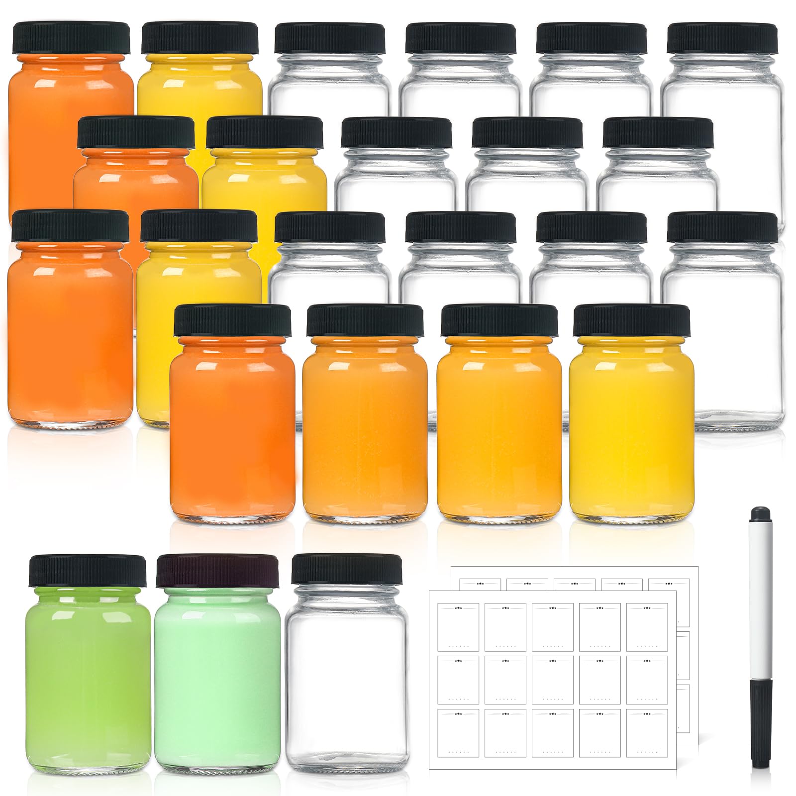 DIMBRAH Shot Bottles with Caps- 24pcs Ginger Shots Bottles,2 oz Glass Jars with Lids,Travel mini bottles with lids,Small Glass Bottles for Juice(with White Plastic Lid & 30 Blank Labels)