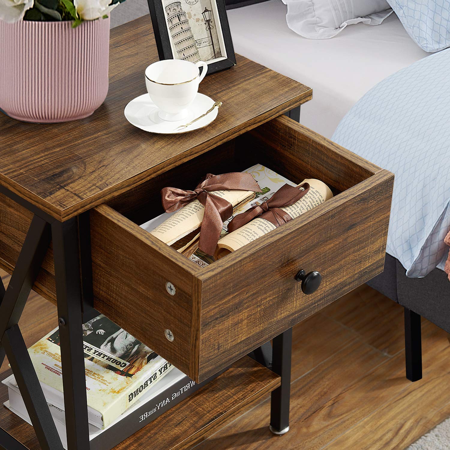 VECELO Nightstands, Modern End Side Tables,Night Stand Set of 2 with Drawer &Storage Shelf for Bedroom Living Room Lounge