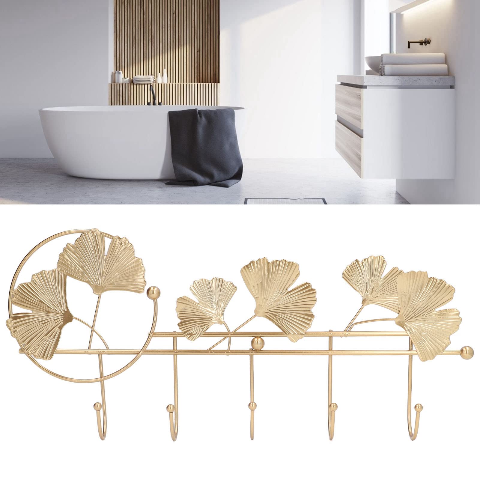 Coat Rack Wall Mount, Gold Ginkgo Leaf Shaped Coat Hanger Wall Hooks for Keys Hat Towel Purse Robes Jacket Clothes