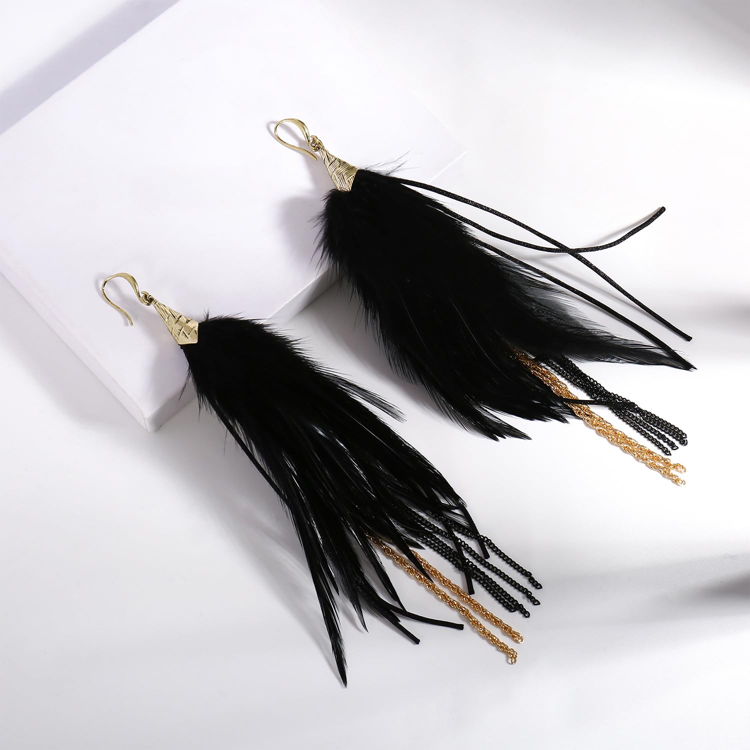 Badu Black Earrings Long Tassel Feather Gold Drop Jewelry Holiday Gift Handmade Jewelry Accessories (Gold Black)