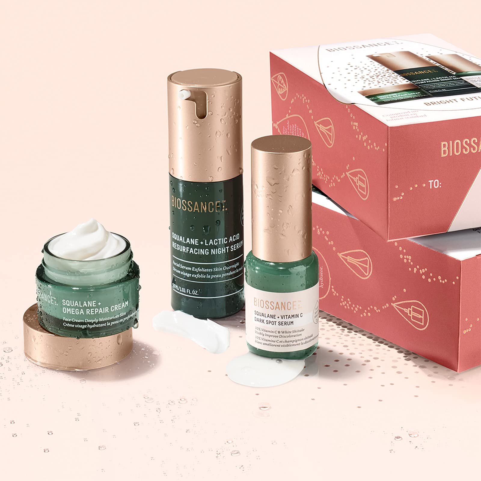 BIOSSANCE Bright Future Set. Full Size Squalane + Lactic Acid Resurfacing Night Serum (1 oz) with Vitamin C Dark Spot Serum (.5 oz) and Omega Repair Cream (.5 oz)