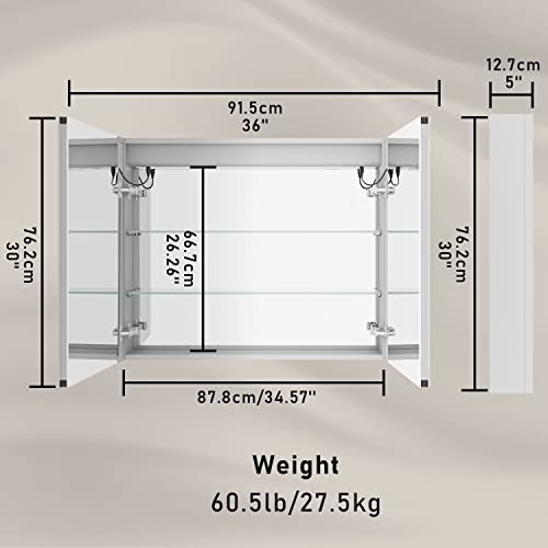 MIRPLUS 36 x 30 inch Medicine Cabinet with LED Vantiy Mirror, Recessed or Surface Mount Anti-Fog Large Storage Double Door Lighted Aluminum Bathroom Cabinet with Touch Switch (Half Light)