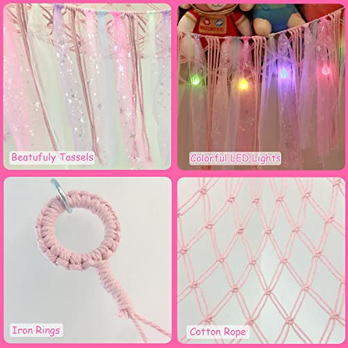 Stuffed Animal Net or Hammock with LED Light, Toy Hammock Hanging Stuffed Animal Storage Organizer Holder for Nursery Playroom Bedroom Kids Room Toy Storage (Pink)