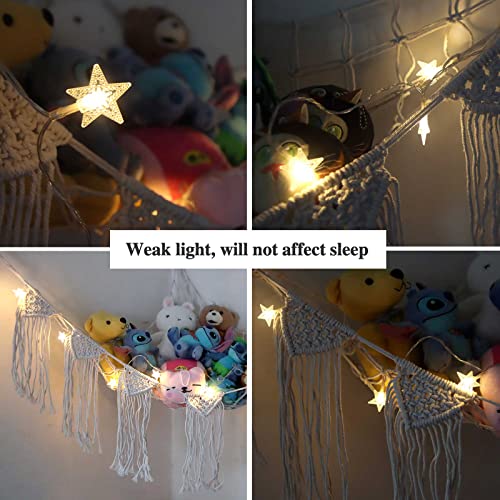 Stuffed Animal Net or Hammock with LED Light - Stuffed Animal Storage Toy Hammock for Wall - Hanging Corner Net with Boho Macrame Tassels, Plush Toy Net Hammock for Kids Bedroom Decor (41*41*57)
