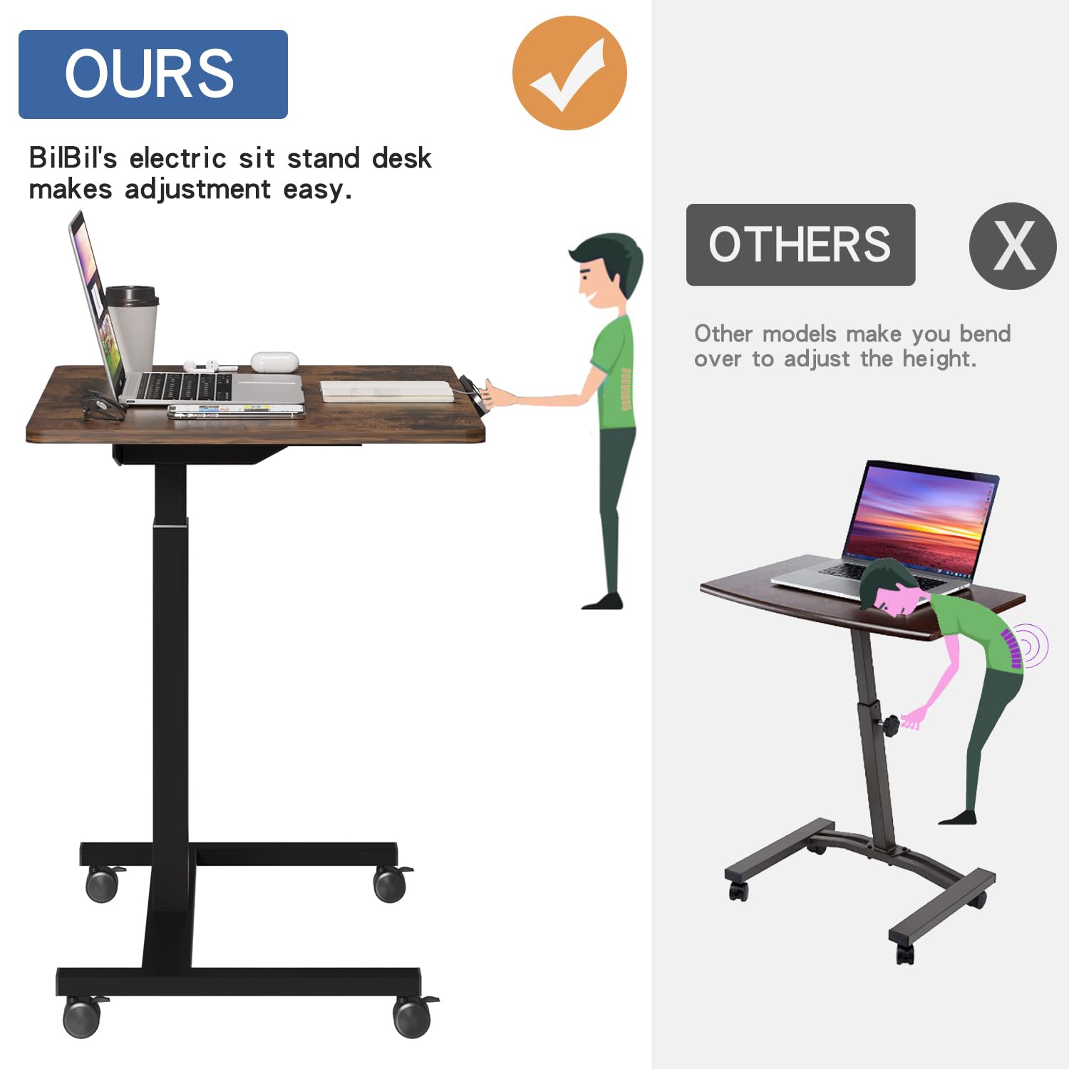 BilBil Electric Standing Desks with Lockable Wheels, 32*24 inch Height Adjustable Sit to Stand Desk, Overbed Laptop Table Desk, Mobile Rolling Desk, Portable Work Table for Home & Office, Rustic Brown