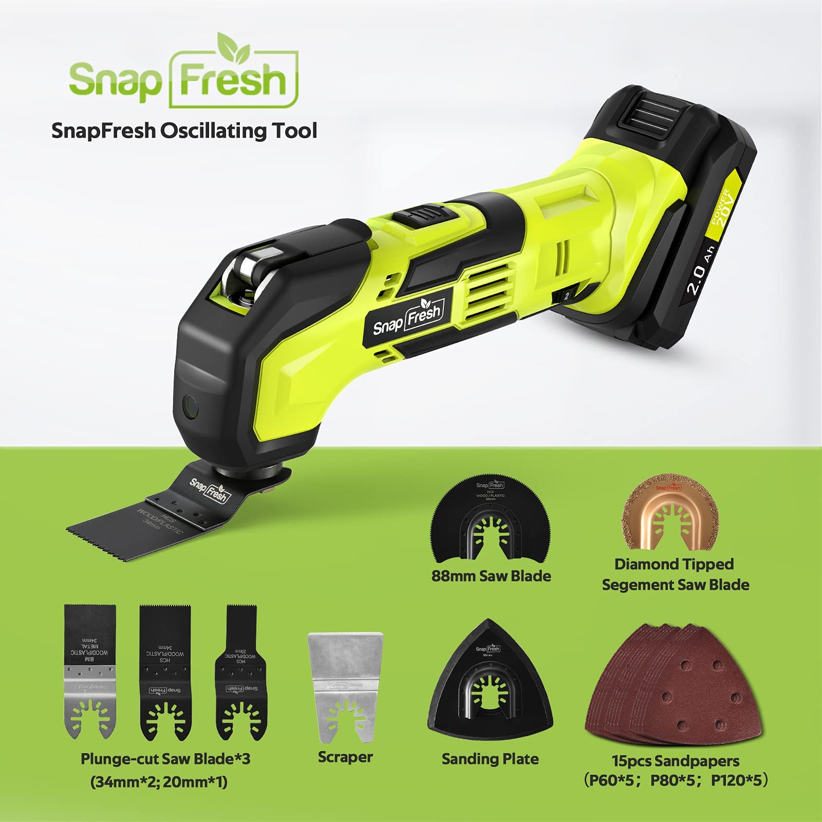 Cordless Oscillating Tool, SnapFresh 20V Battery-Powered Oscillating Multi-Tool with 6 Variable Speed Control and 22pcs Accessories for Trimming,Cutting, and Removing, Battery and Charger included