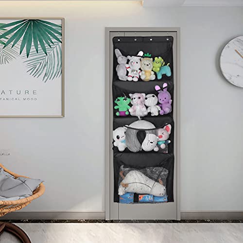 Stuffed Animal Organizer, 4 Pockets Over Door Organizer for Stuffies and Toy Plush, Kids Bedroom Organization Animal Storage Net Hammock with Hooks, Hanging Toy Plush Storage for Nursery, Bedroom