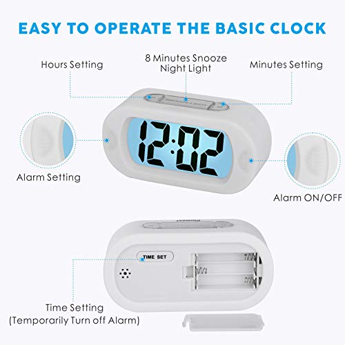 Plumeet Digital Alarm Clock Travel Clock with Snooze and Nightlight - Easy to Set Simple Bedside Alarm Clocks for Kids - Ascending Sound - Battery Powered (White)