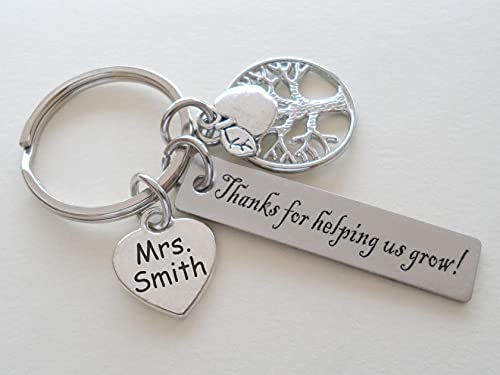 Custom Engraved Teacher Keychain with Tree & Apple Charm, and Thanks for Helping Us Grow Tag; Teacher Appreciation