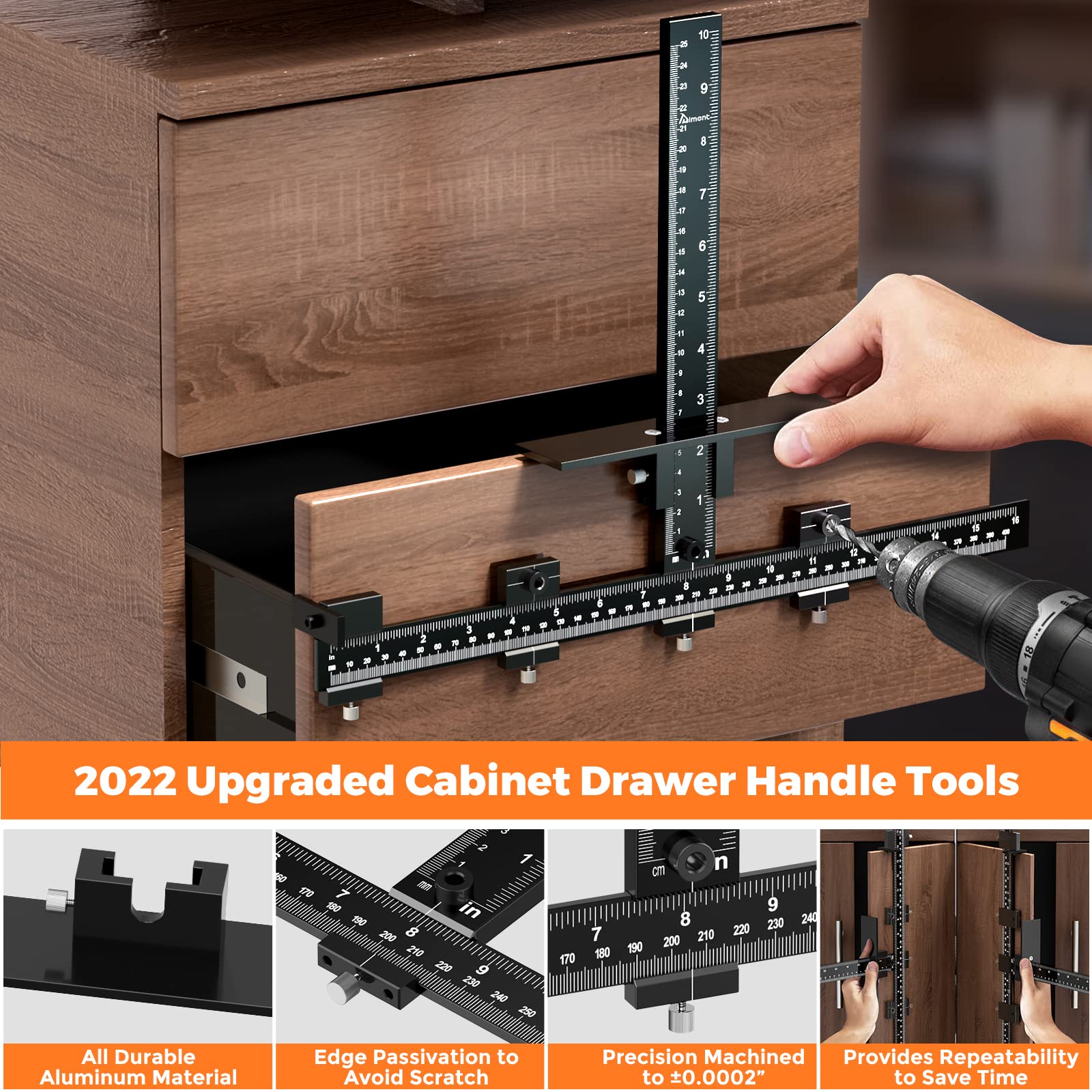 Cabinet Hardware Jig Tool, Aiment All Aluminum Pull Jig with Extensions for Oversized Handles, Adjustable Punch Locator Drill Template Guide for Door & Drawer Front Knobs, Pulls and Shelf Pin Holes