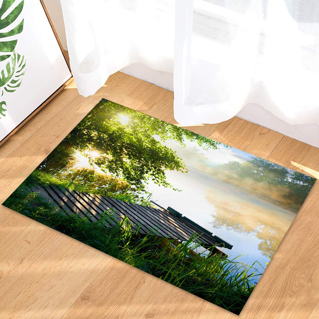 Indoor Doormat Front Door Mat Spring Nature Secluded Pier Lake Scenery Sun Rays Green Fresh Non Slip Rubber Back Floor Mat Entrance Low-Profile Welcome Mat Outdoor Rug for Home Office Garden