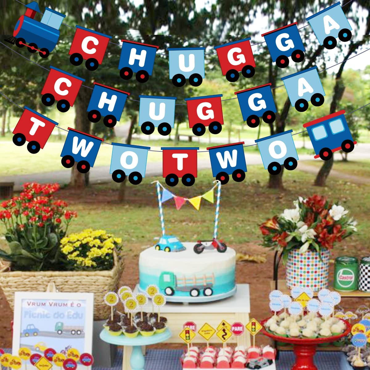 Chugga Chugga Two Two Banner, Train Happy Birthday Garland, Choo Choo Im Two Party Supplies, Railroad Birthday Party Decorations for Boys Train Theme 2nd Party Decor