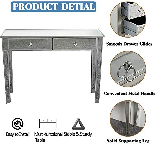 Binrrio Mirrored Console Table, Silver Glass Mirrored Makeup Vanity Table Desk for Women, Writing Desk Media Console Table for Home Living Room Bedroom Office Smooth Finish (Sliver-2 Drawers)