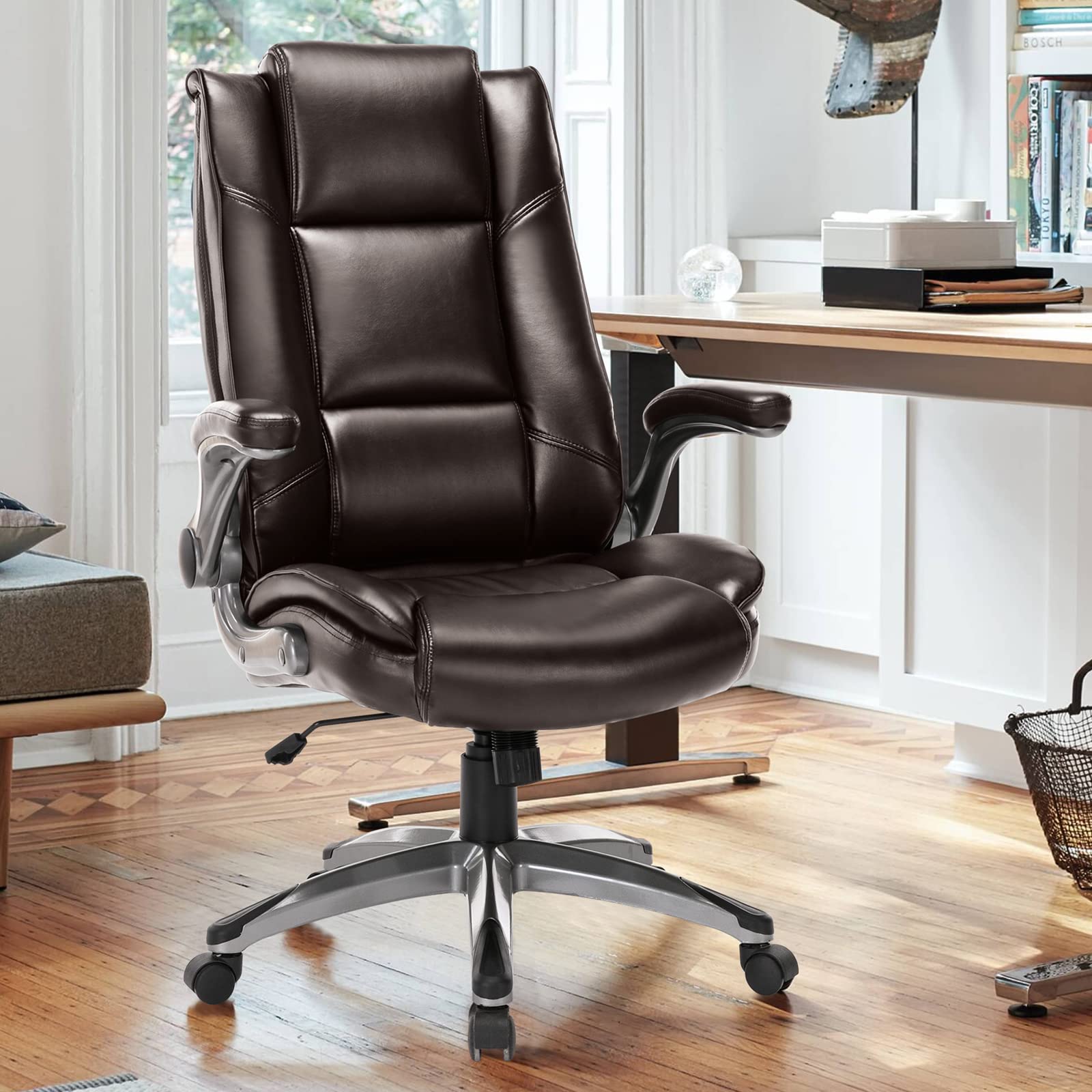 Executive Office Chair High Back-Ergonomic Desk Chair Bonded Leather Computer Chair with Flip-up Arms, Adjustable Tilt Tension, Padded Armrests, Swivel Rolling Home Office Desk Chair-Brown, 300lbs