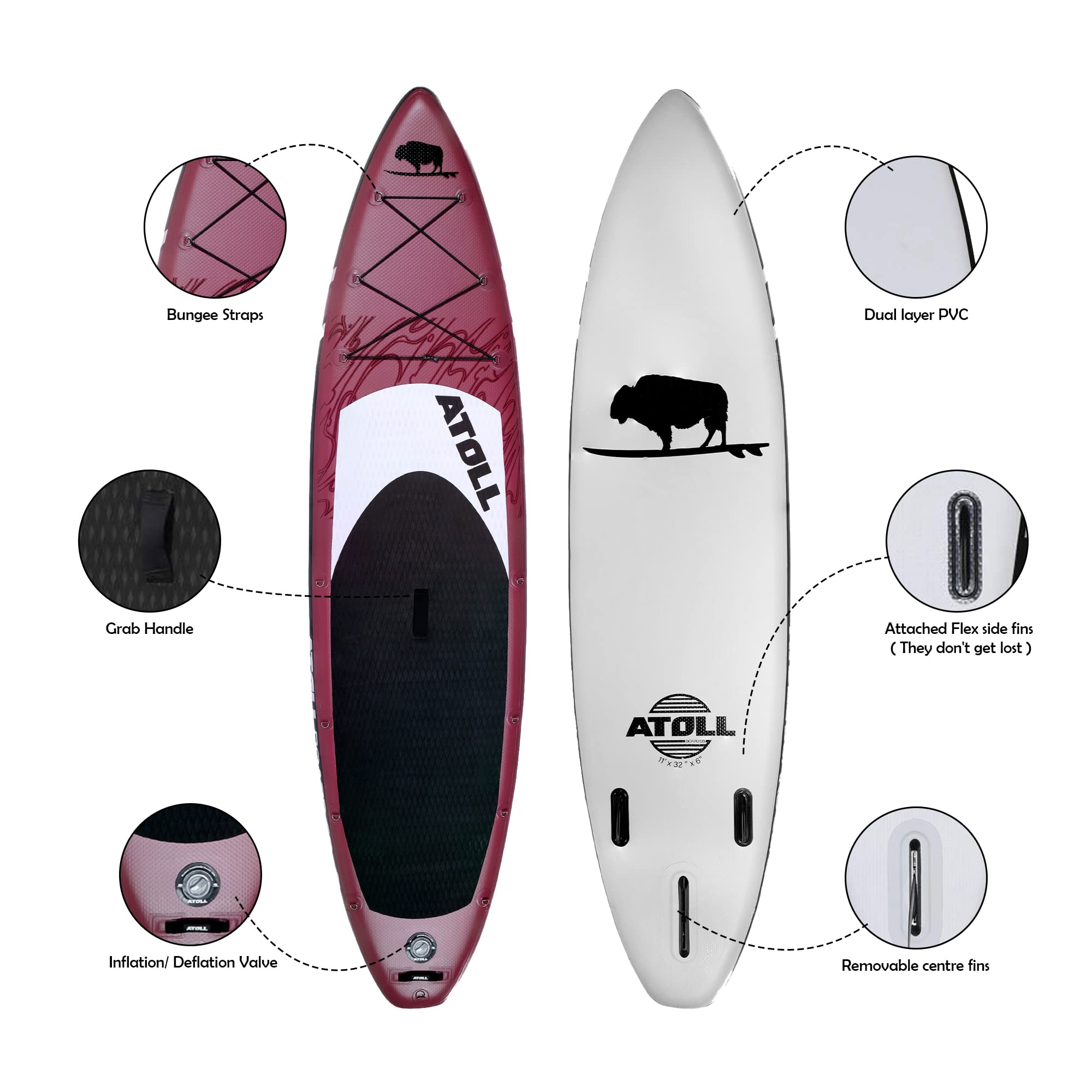 Atoll Inflatable Paddle Board with Premium SUP Stand Up Paddle Board Accessories & Back Pack, Non-Slip Comfort Deck for Unisex Adult - 11ft (Burgundy)