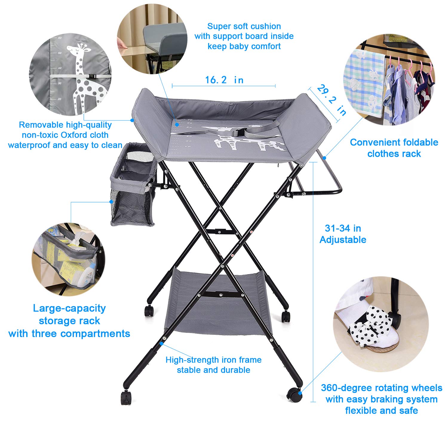 Baby Folding Changing Table with Wheels, Adjustable Height Folding Portable Diaper Station Nursery Organizer with Newborn Clothes Drying Rack & Storage Rack for Infant
