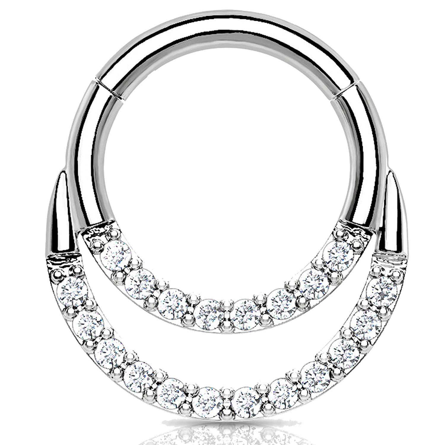 BodyJ4You Piercing Ring 16G Hinged Clicker Hoop Implant Grade Titanium Double Lined Paved CZ Gem Septum Nipple Daith