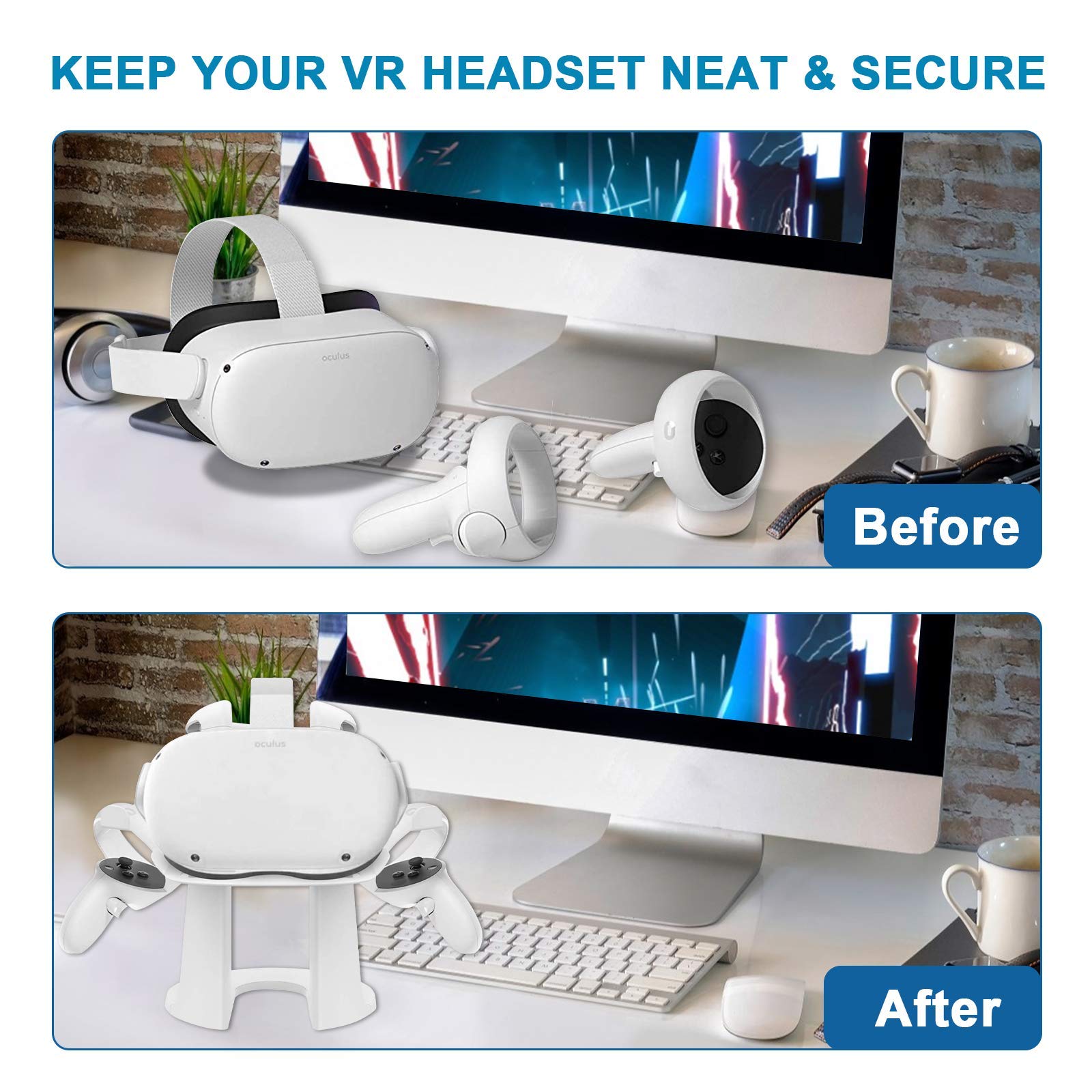 BEJOY VR Stand with Controller Holder, VR Headset Display Stand and Controller Mount Station for Oculus Quest 2, Oculus Rift S, Oculus Quest, Oculus Rift (White)