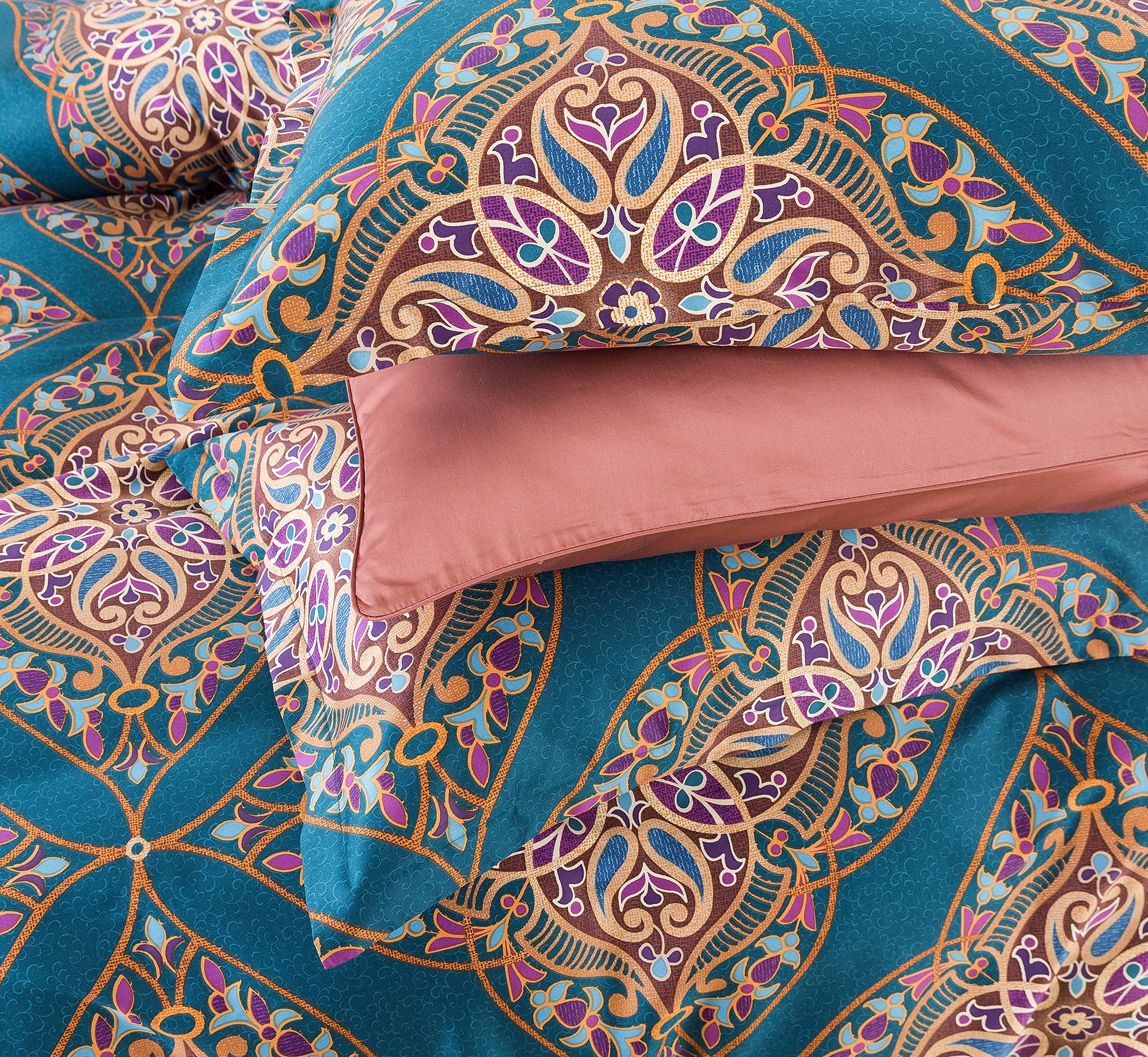 Get Bed Ready Venetian Damask Bohemian Paisley Duvet Cover Set Boho Chic Watercolor Medallion 400TC Egyptian Cotton Sateen Luxury Style Bed Linen (Teal, King)