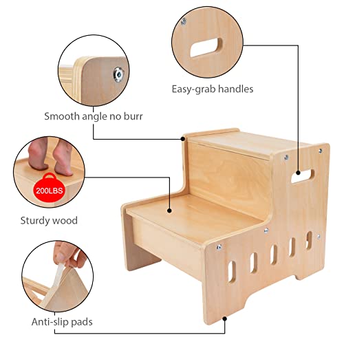 Wooden 2 Step Stool for Kids, Victostar 2 Step Stool for Bathroom, Potty Training, Kitchen and Closet, Perfect for Kids and Adults