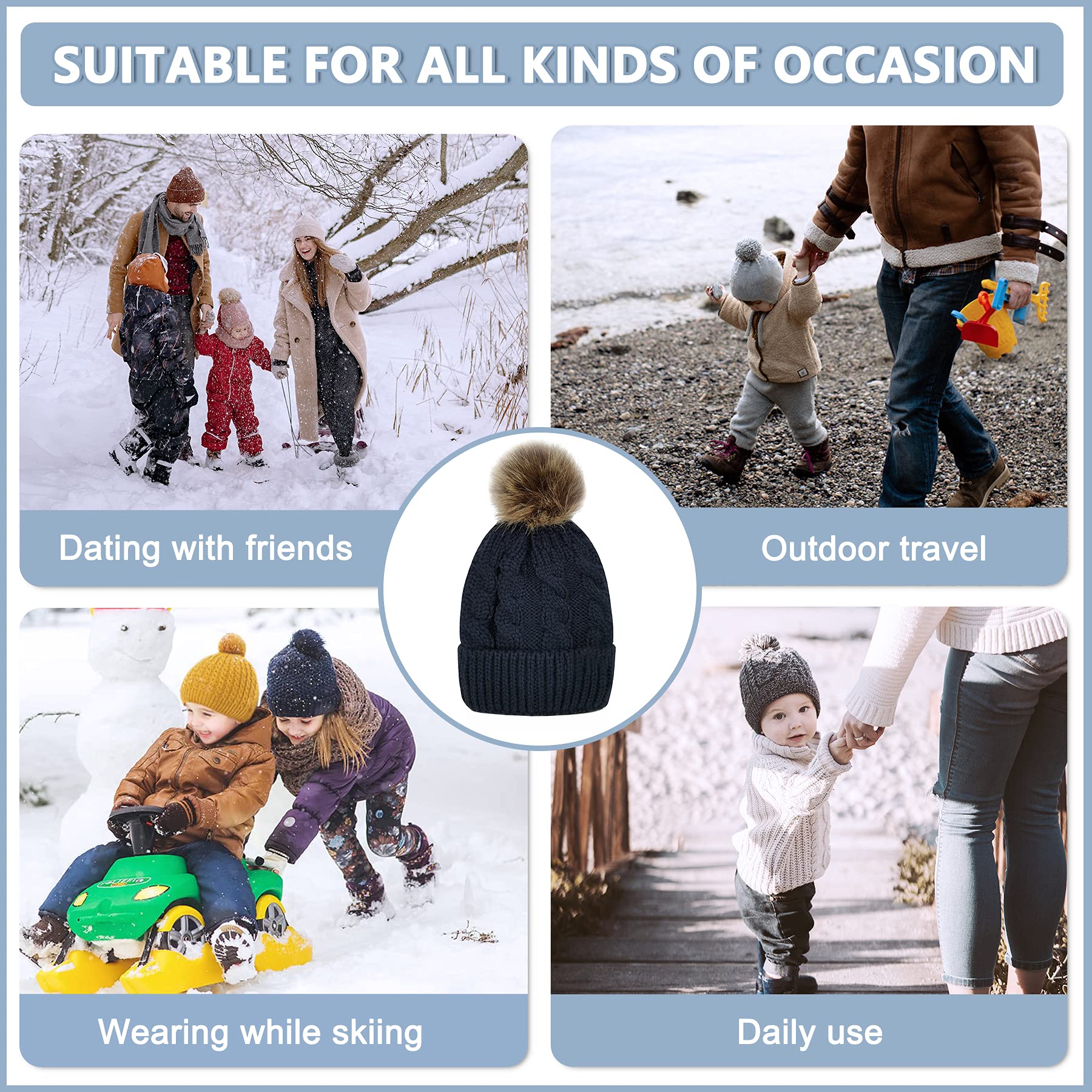 Whiteleopard Kid Beanie Hats Lining Pom Pom for Children -Slouchy Cable Knit Toddler Skull Hat Baby Ski Cap for Girls Boys (Black)