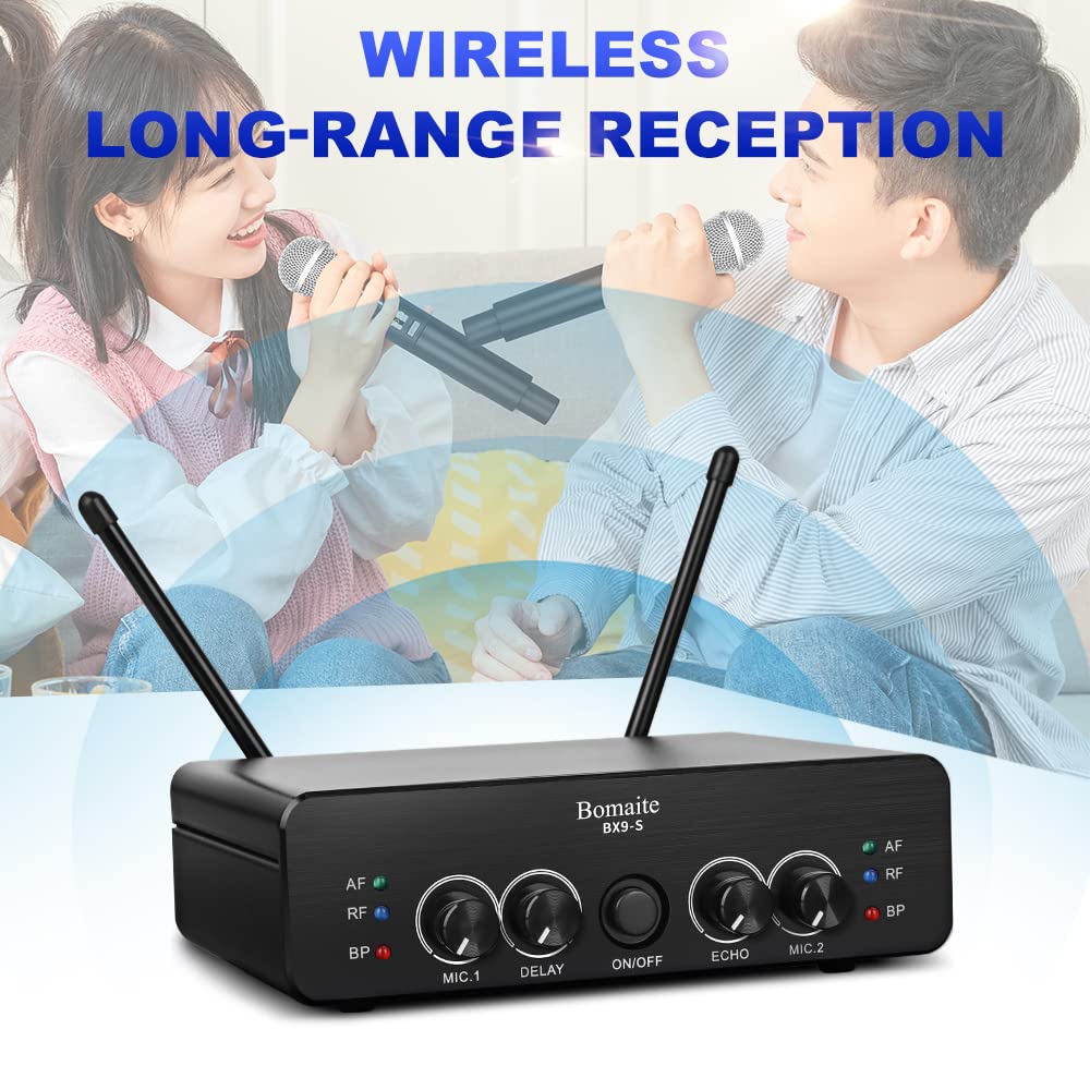 Bomaite BX9-S UHF Wireless Microphone System, Karaoke Microphone Wireless Mic Cordless Dual with Volume Control and Echo,DEALY for Karaoke Singing Speech Meeting Church DJ Party, 165FT